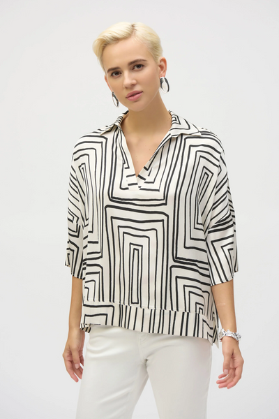 Joseph Ribkoff Geometric Print Dolman Sleeve Satin Top - Cream/Black ...