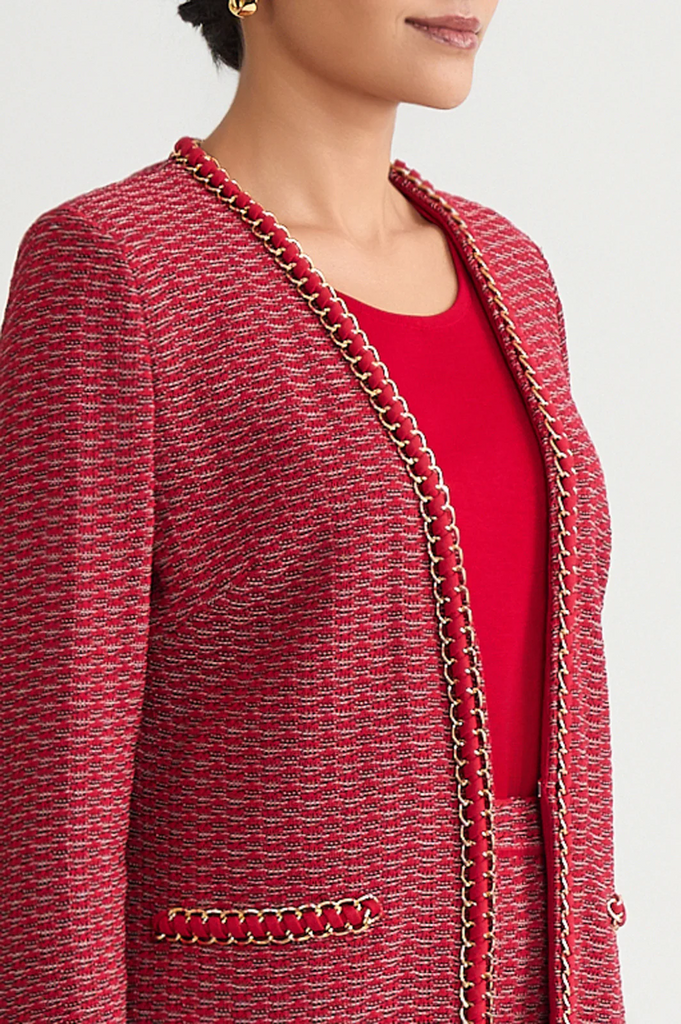 Ming Wang Heritage Whipstitch Chain Trim Knit Jacket - Holiday Red/Mul ...